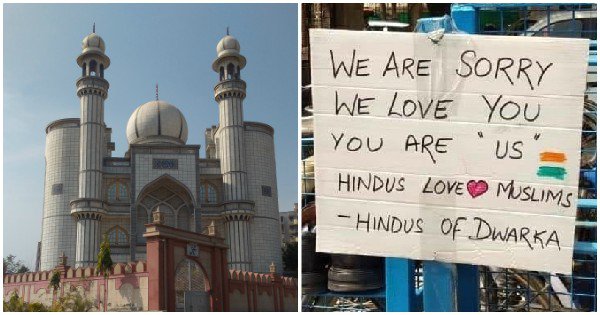 a-mosque in dwarka poster with 'hindus-love-muslims'
